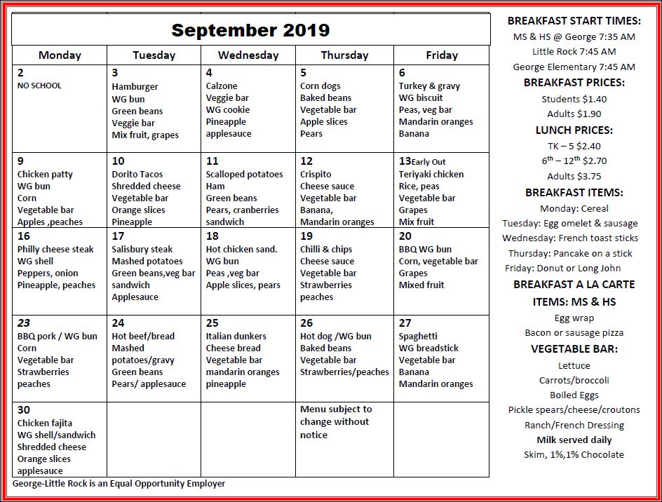 Lunch Menu - George-Little Rock Community Schools